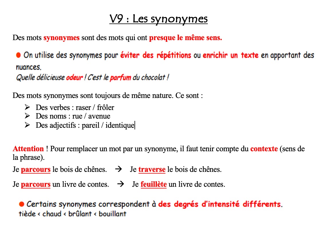 V9 Les synonymes : leçon CM1-CM2