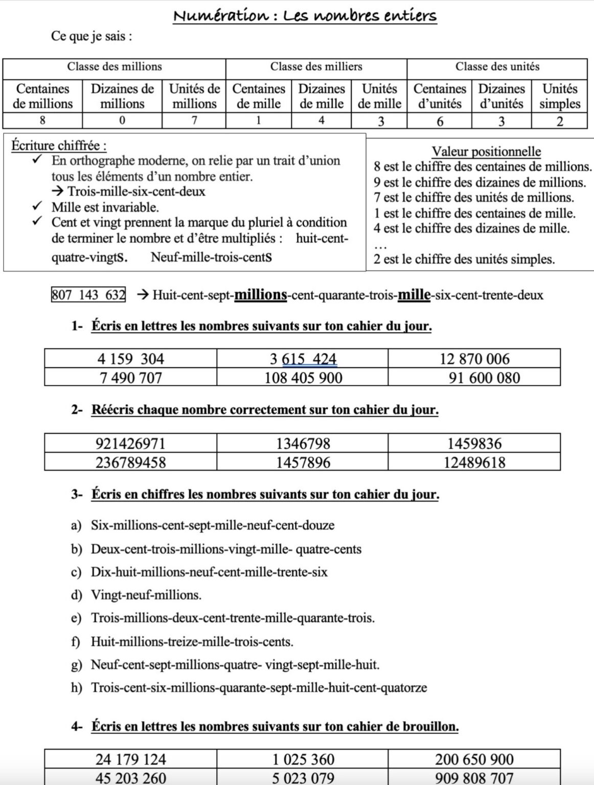 Lire et écrire les grands nombres CM1 CM2 : exercices essentiels corrigés