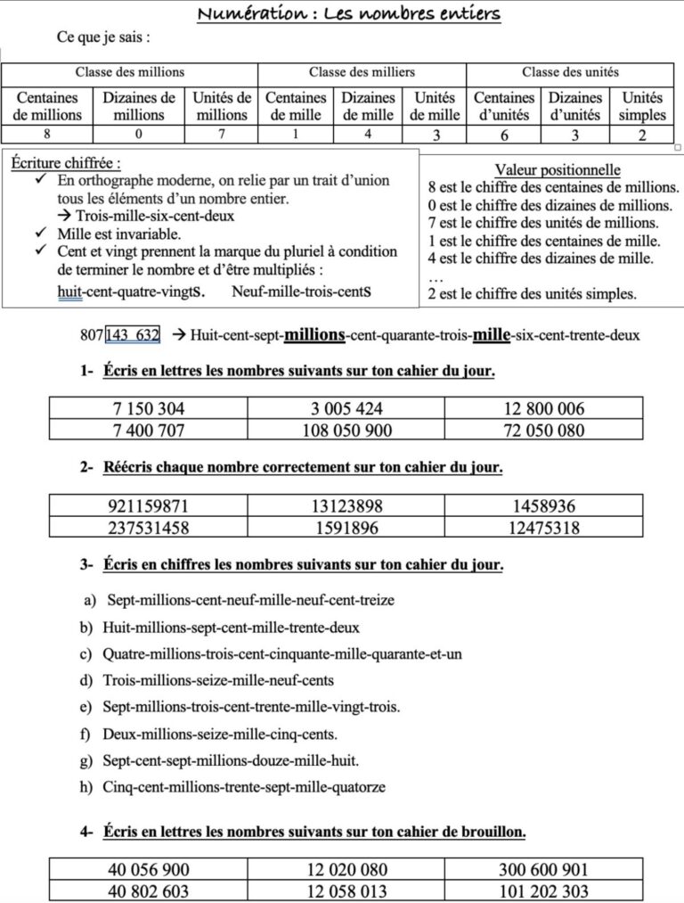 Lire et écrire les grands nombres CM1 CM2 : exercices essentiels corrigés