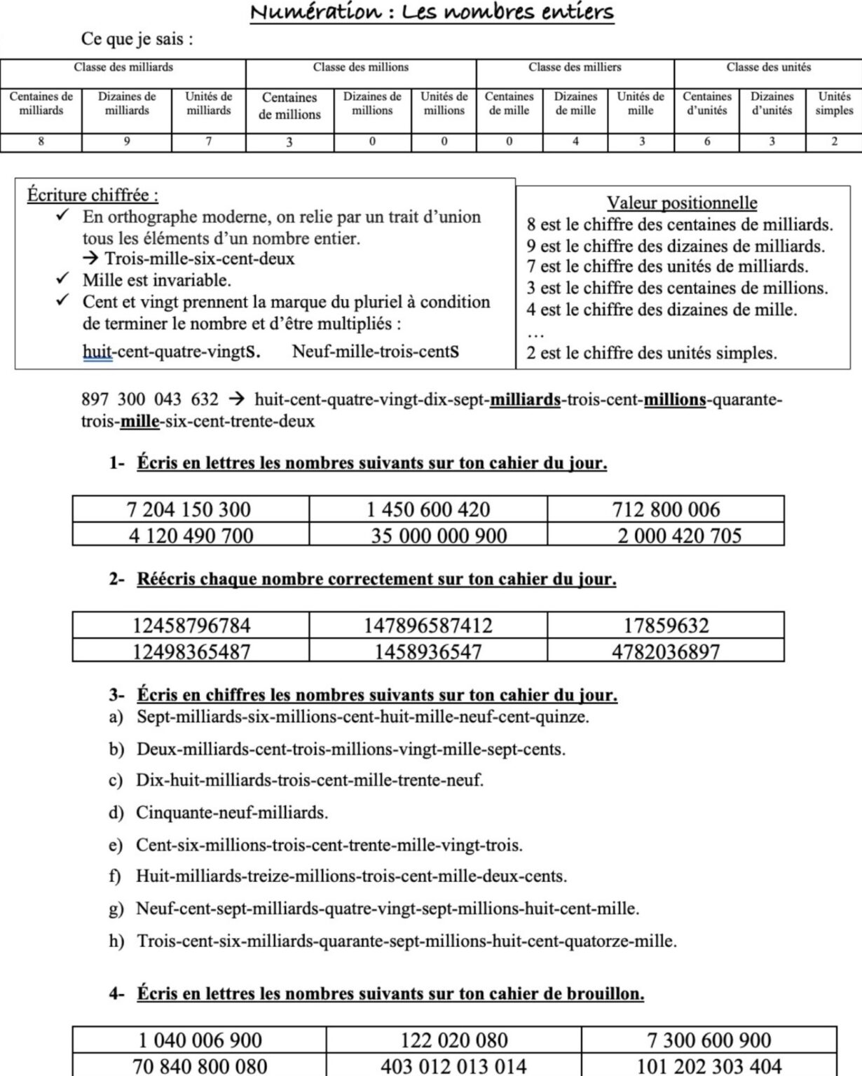 Lire et écrire les grands nombres CM1 CM2 : exercices essentiels corrigés