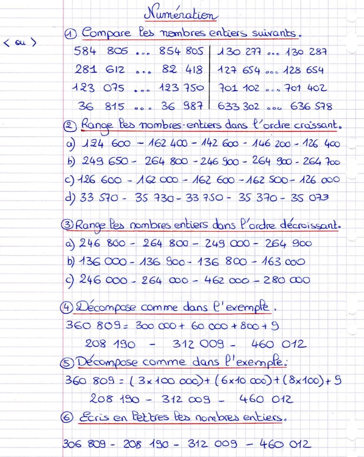 Comparer et ranger des nombres entiers CM1 CM2 : exercices essentiels ...