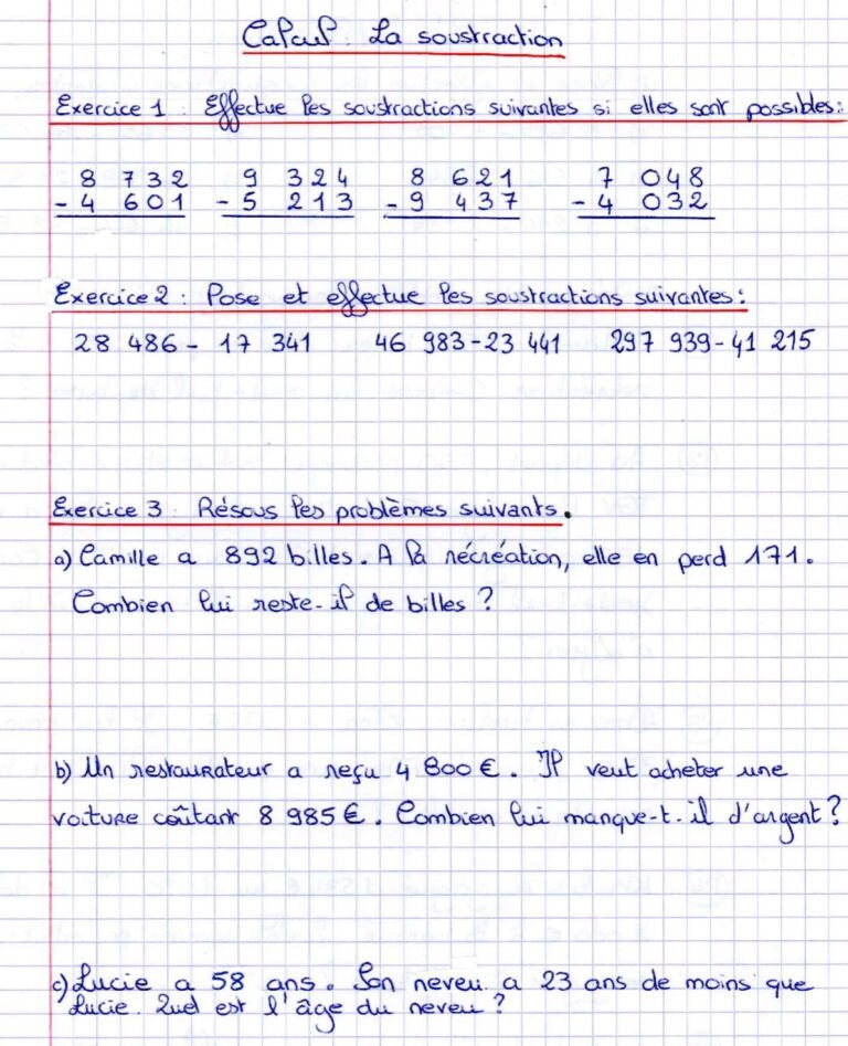 Exercices sur les soustractions gratuits et corrigés (1)