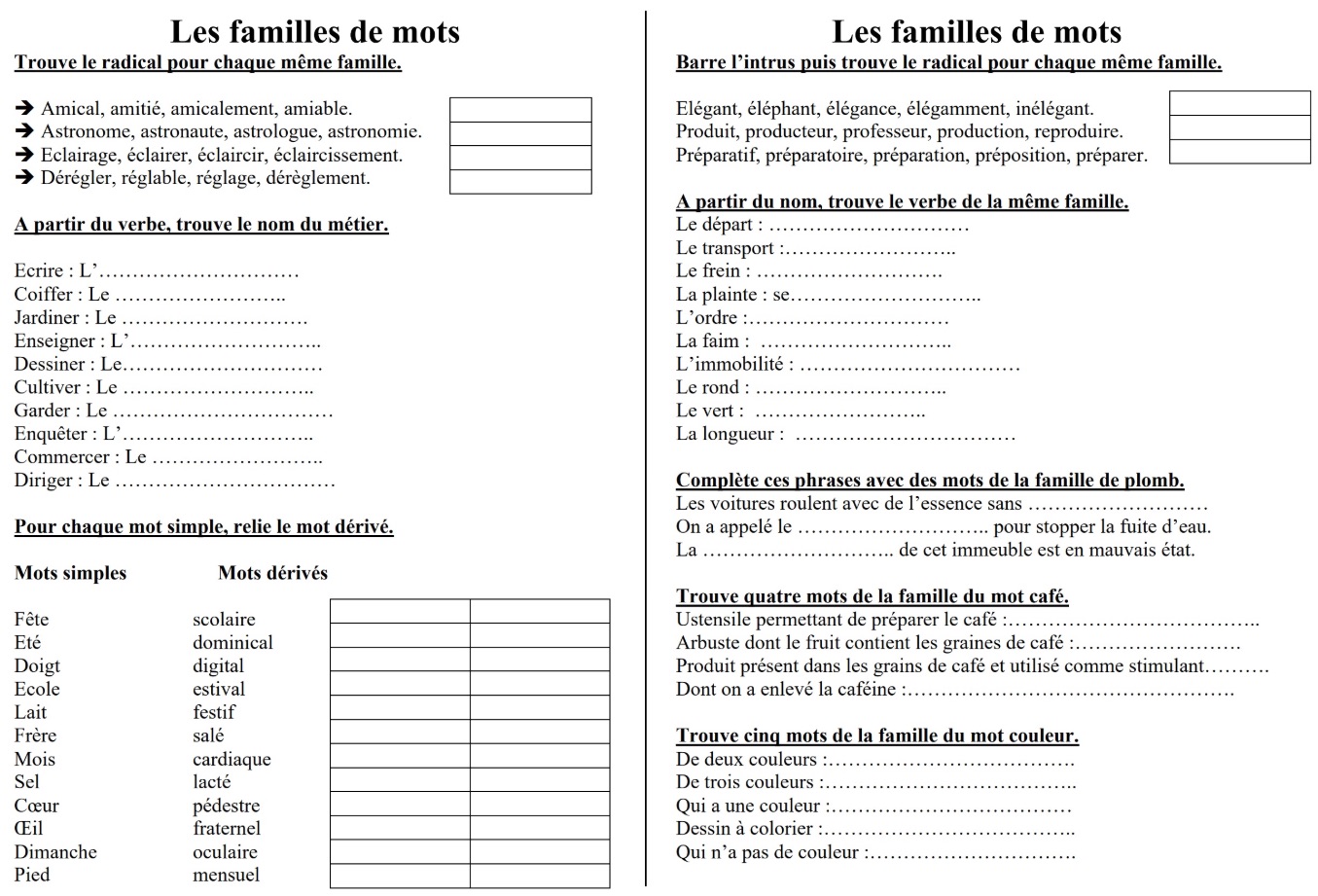 V3 Famille de mots : exercices CM1 CM2