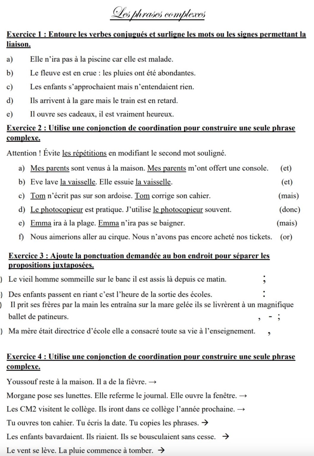 Les phrases complexes CM2 : exercices d'application
