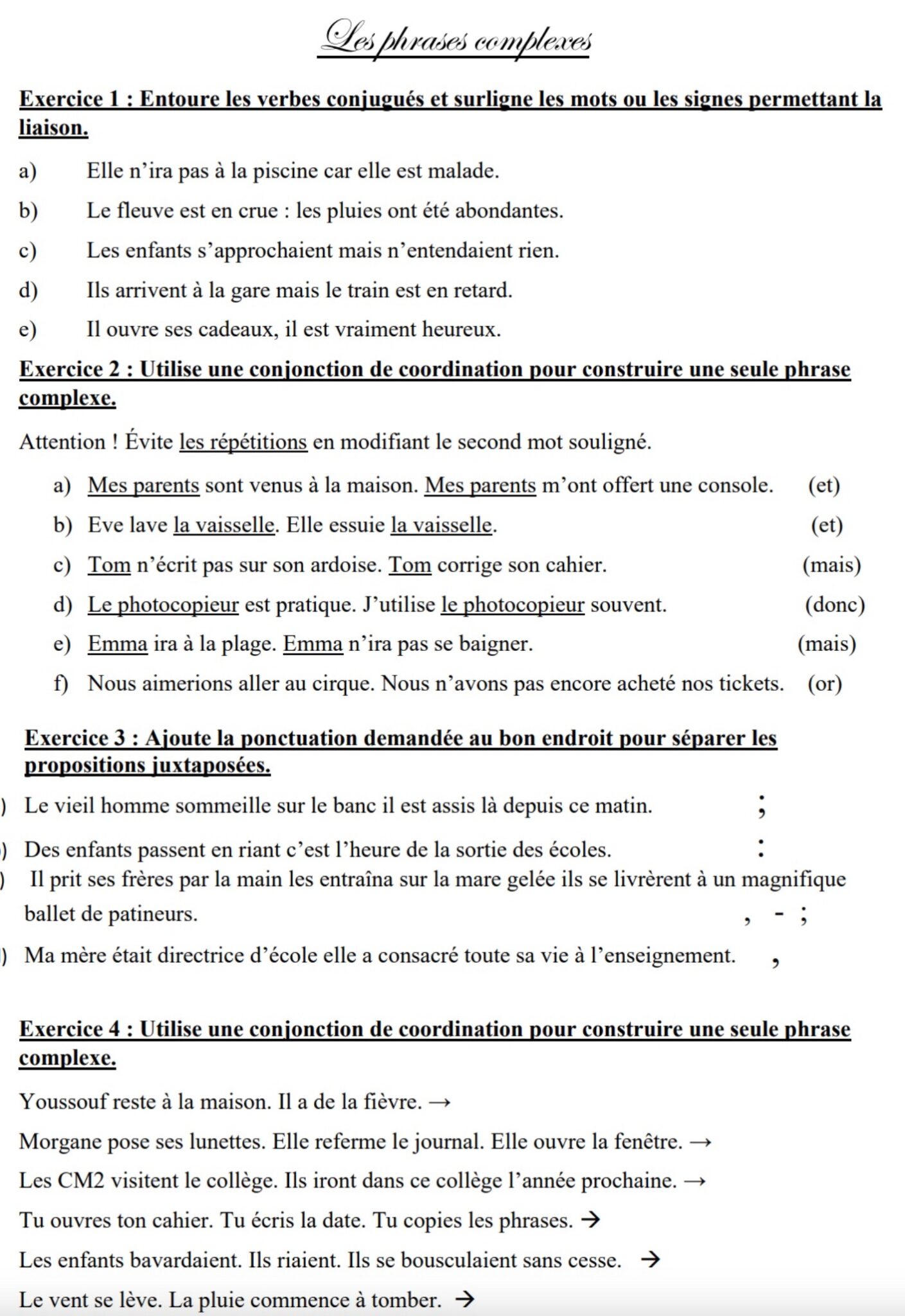 Phrases complexes CM2 (juxtaposition coordination) - exercices corrigés ...