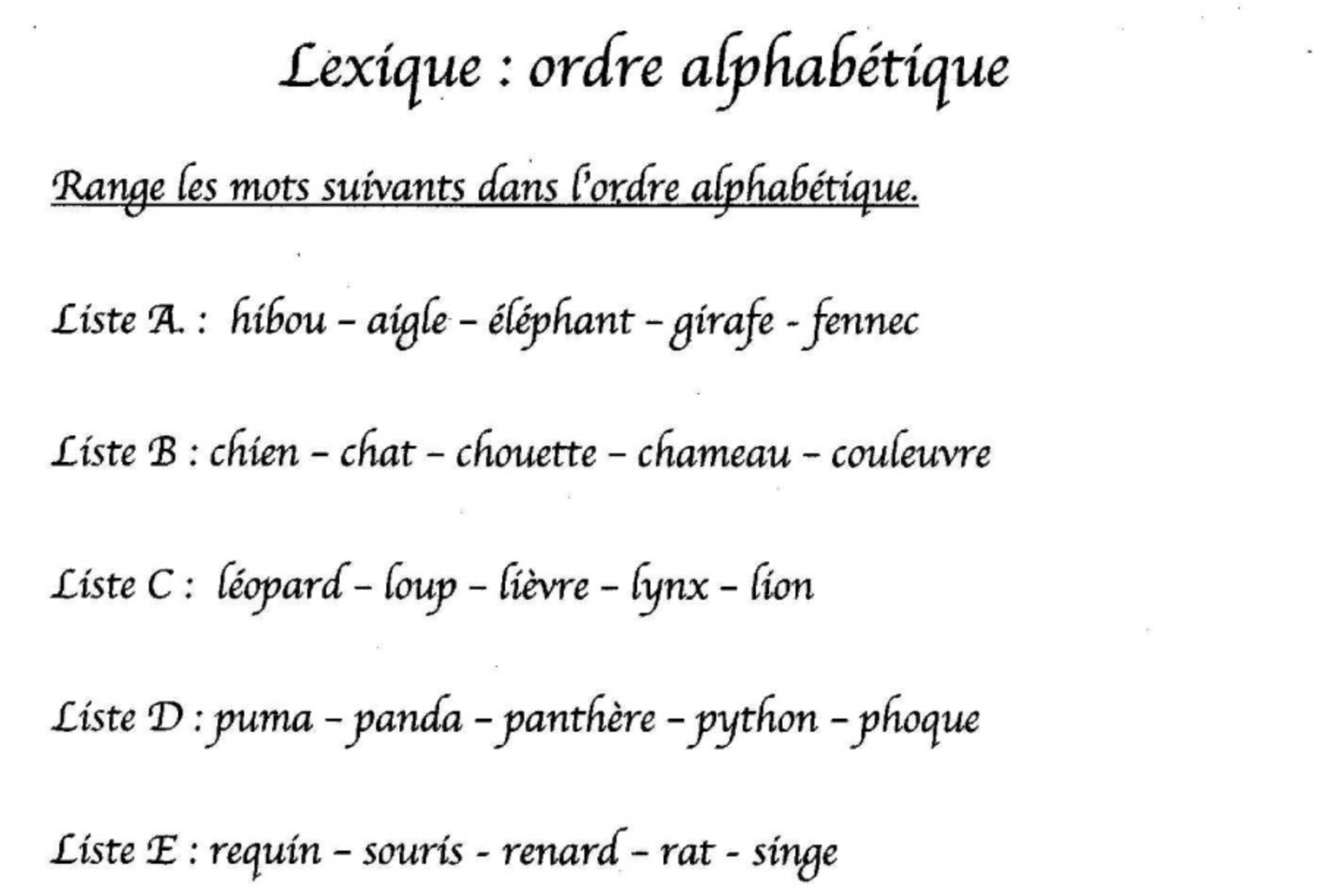 Ordre alphabétique : exercices (1) CM1-CM2