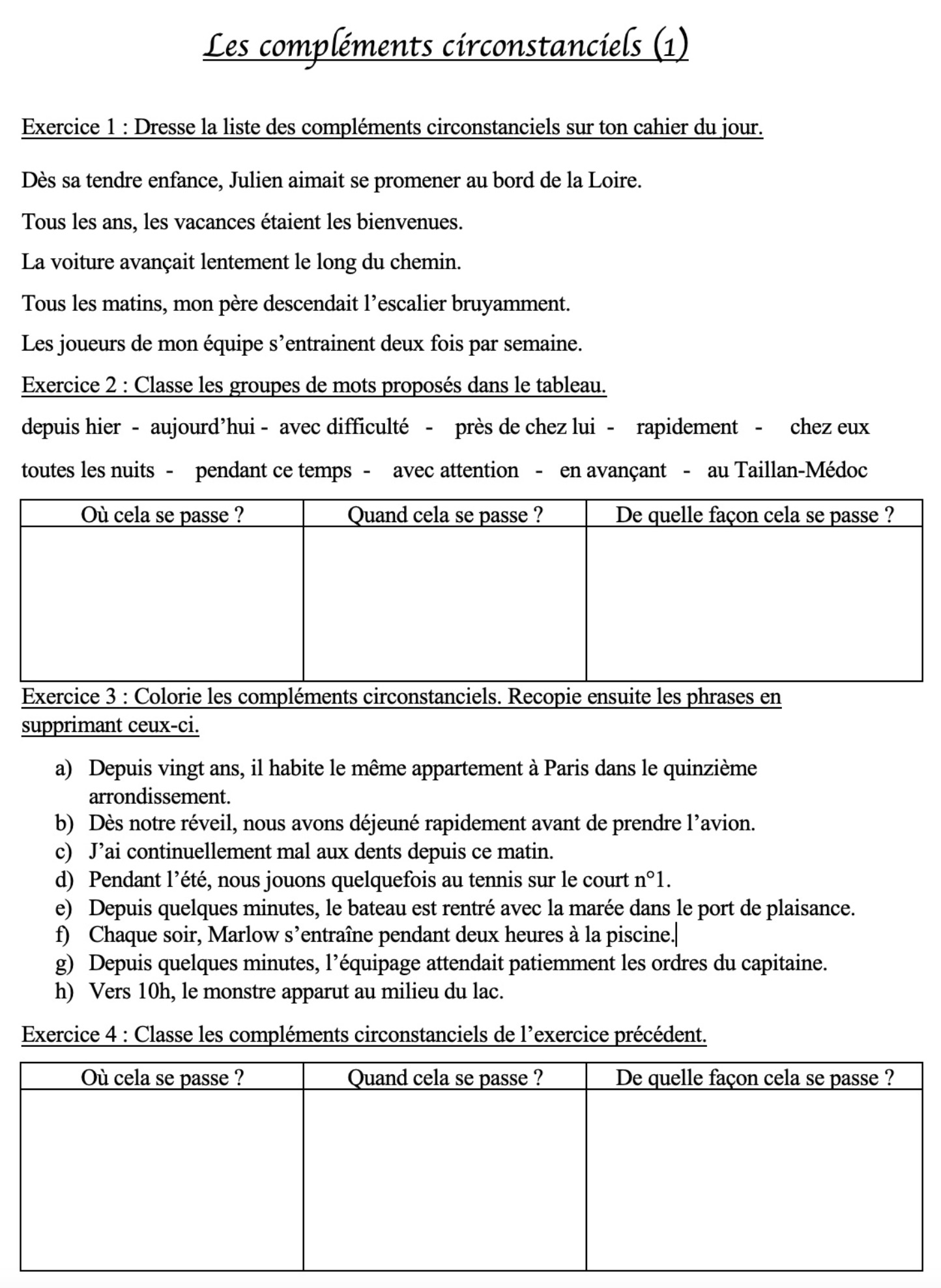 G19 Les compléments circonstanciels : exercices Série 1 (M Bonelli ...