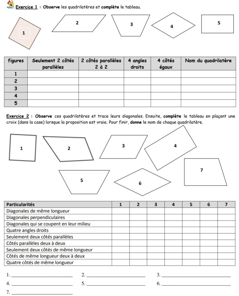 Les quadrilatères - exercices CM1/CM2