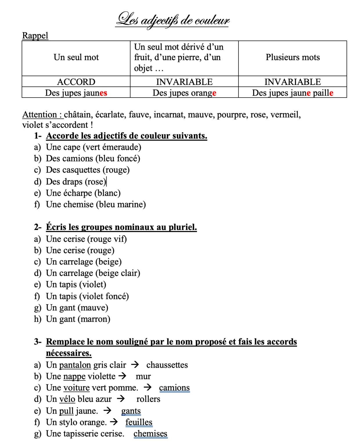 Les adjectifs de couleur : exercices CM2