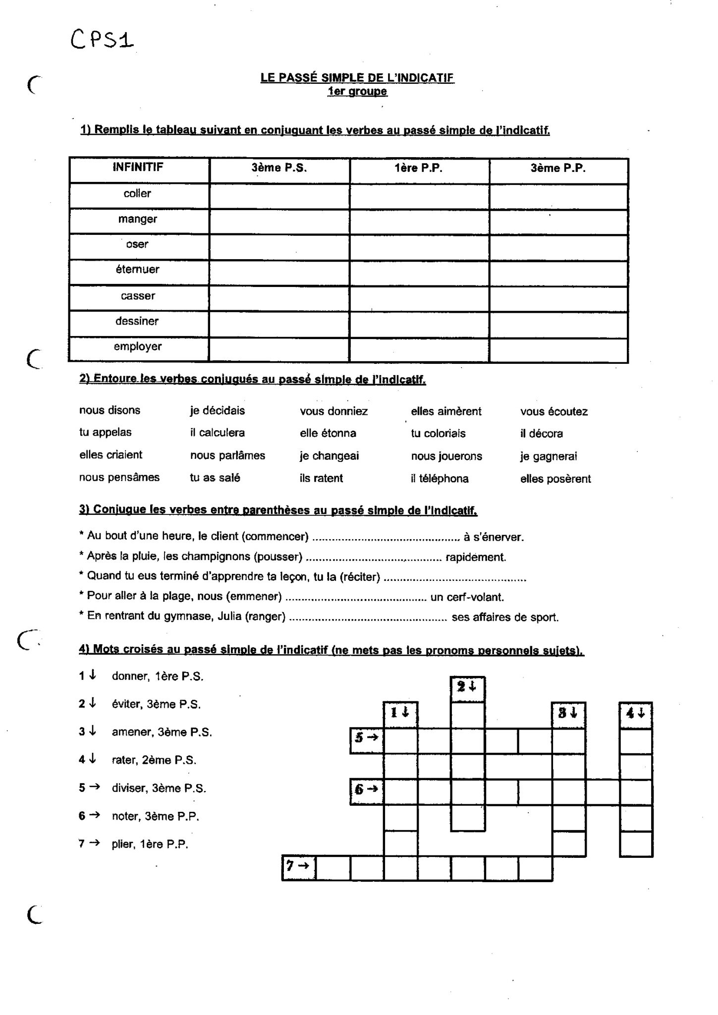 C10-C11 Le passé simple : fiche d'exercices Série 1 (Professeur Phifix ...