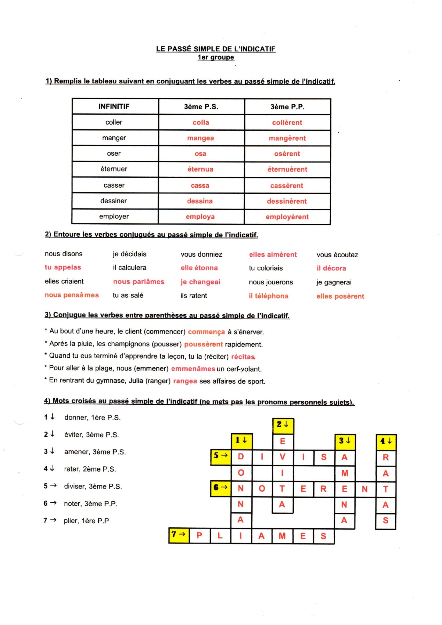 C10-C11 Le passé simple : fiche d'exercices Série 1 (Professeur Phifix ...