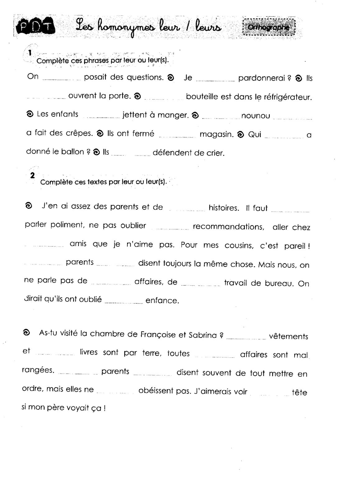 Les homophones grammaticaux leur leurs : exercices CM1/2