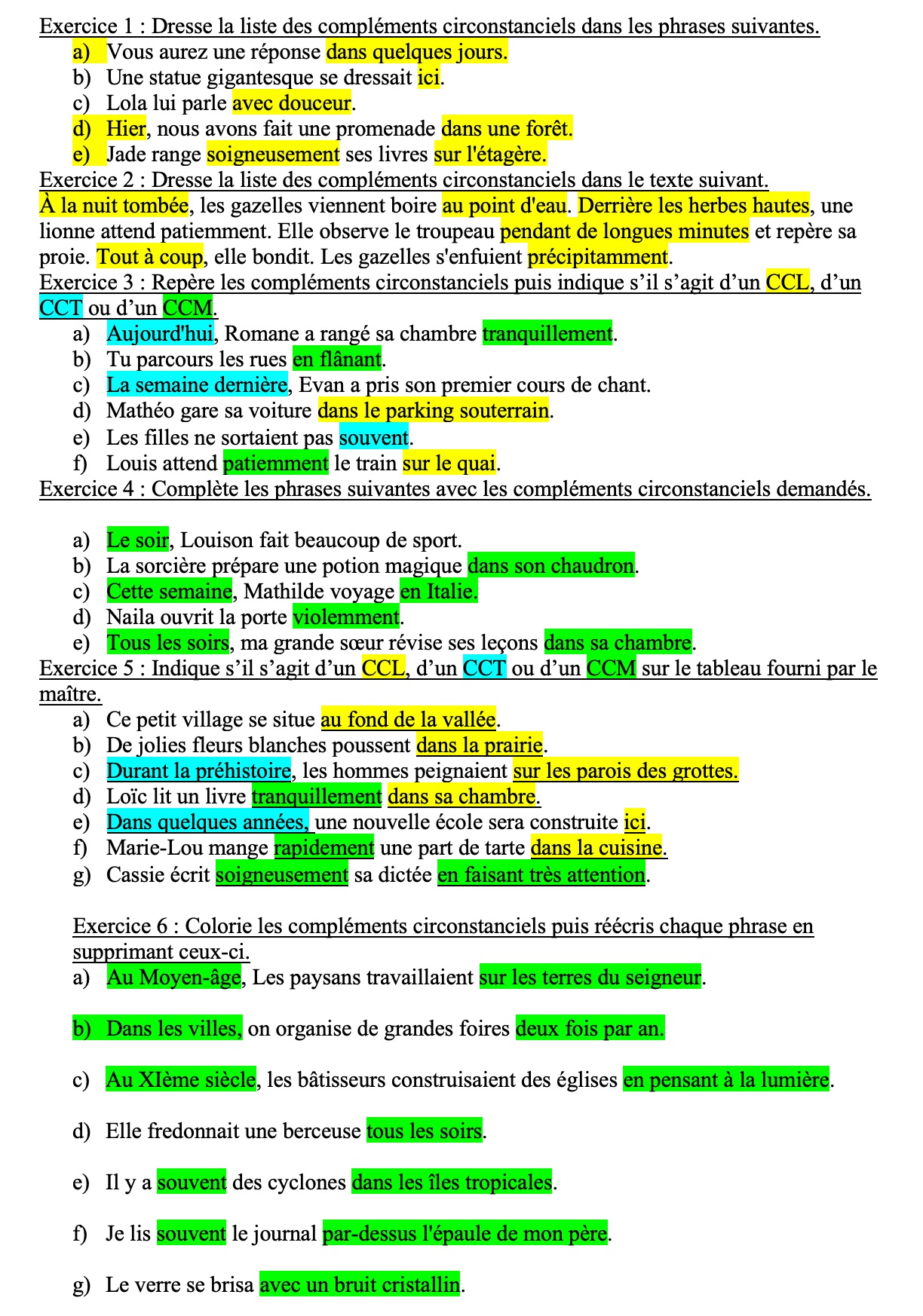 grammaire, compléments circonstanciels, cm2