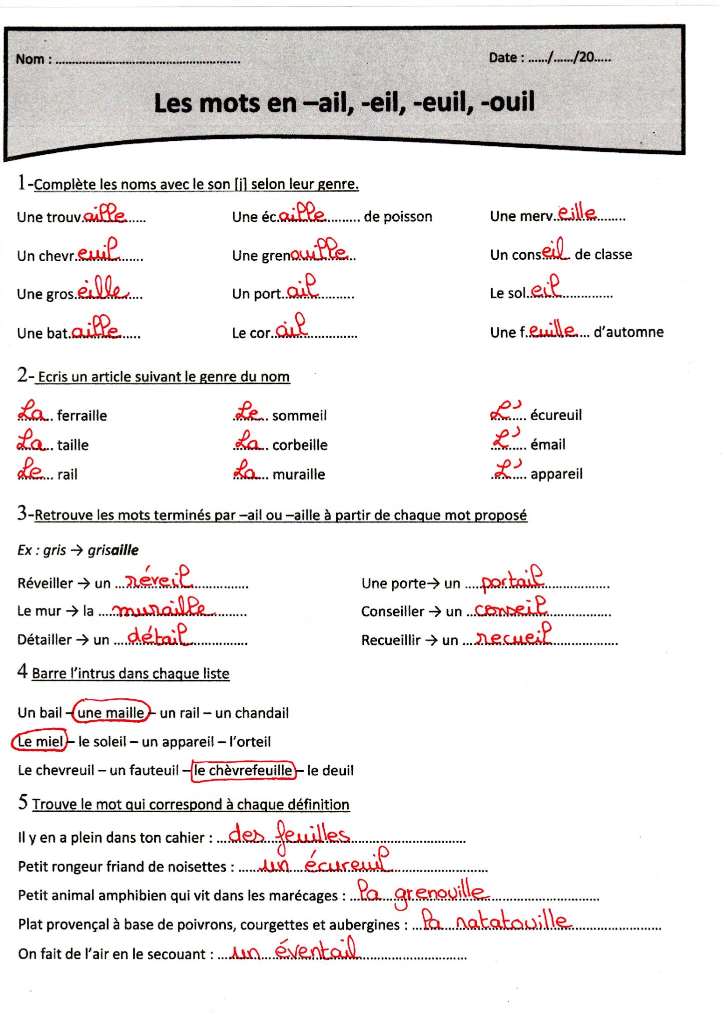 Les mots en ail/eil/aille/ouille