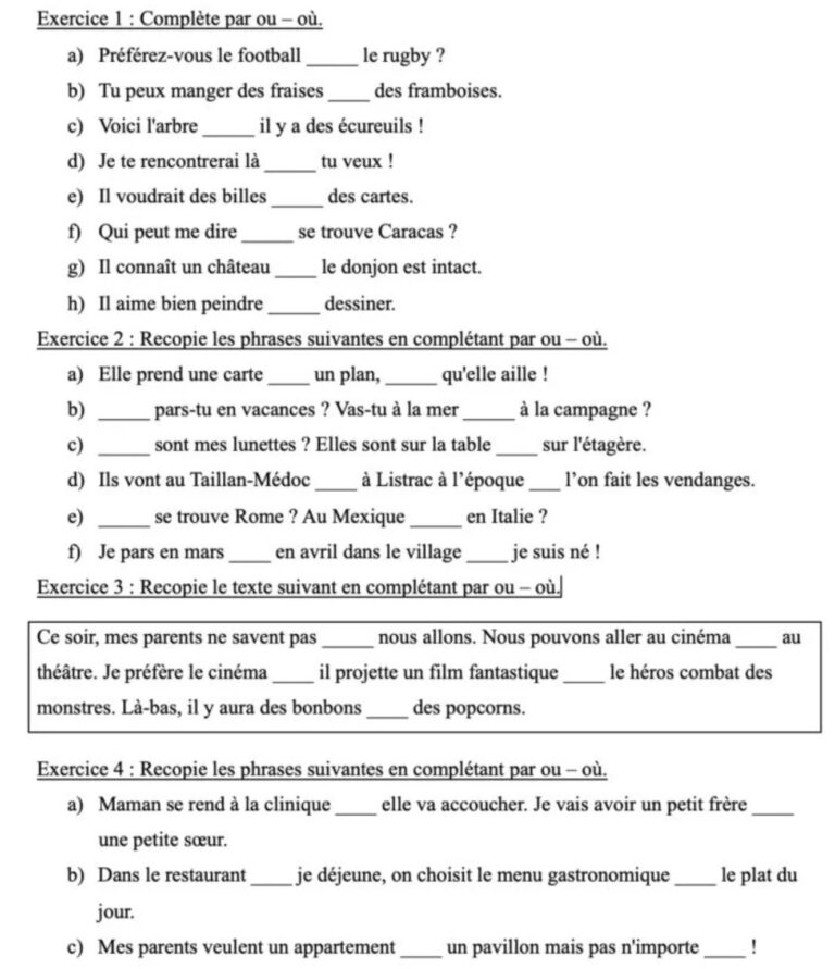 homophones grammaticaux ou où : exercices CM1/CM2