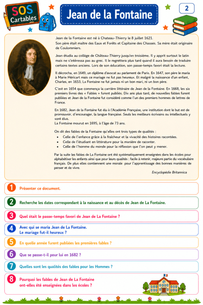 Biographie de Jean de La Fontaine CM1 CM2 : fiche de lecture et ...