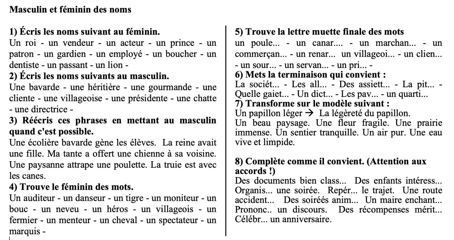 O10 Le genre (féminin et masculin des noms) : exercices...